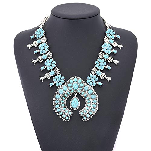 Lovage Bohemian Exaggerate Turquoise Flower Zinc Pendant Necklace Women Jewelry (Blue)