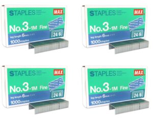 max no.3-1m flat clinch staples (24/6) for office stapler - 4 boxes (4,000-staples)