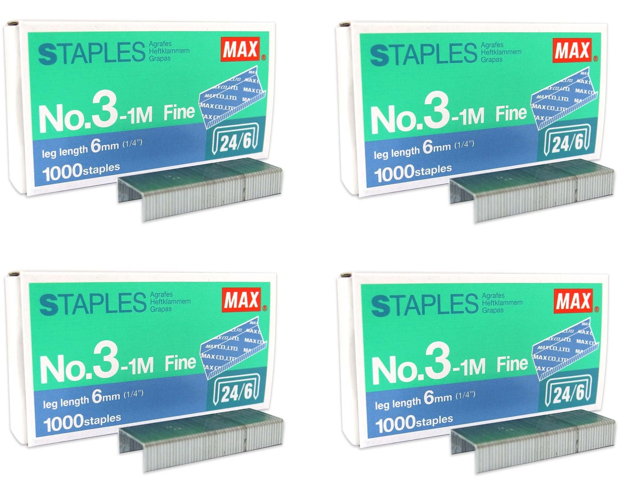 MAX No.3-1M Flat Clinch Staples (24/6) for Office Stapler - 4 Boxes (4,000-Staples)