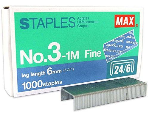 MAX No.3-1M Flat Clinch Staples (24/6) for Office Stapler - 4 Boxes (4,000-Staples)