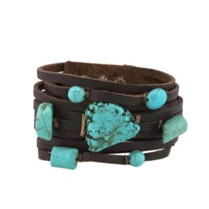 semi precious stone turquoise leather bracelet button closure (turquoise)