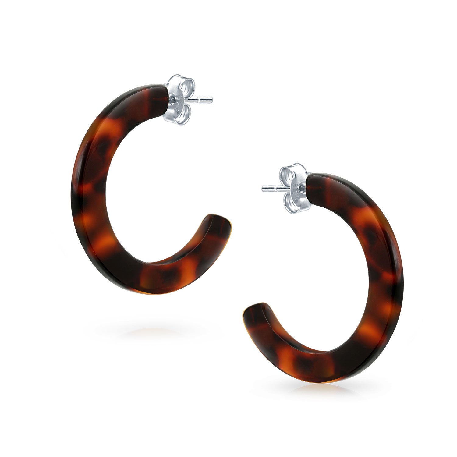 Brown Acrylic Tortoise Shell Flat Half Hoop Stud Earrings For Women Stainless Steel 1 Inch Diameter