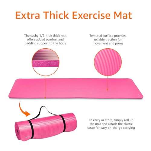 Amazon Basics Extra Thick Exercise Yoga Gym Floor Mat with Carrying Strap, 74 x 24 x .5 Inches, Pink