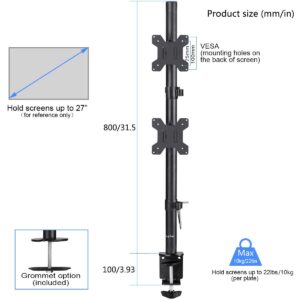 suptek Dual LED LCD Monitor Stand up Desk Mount for 2 / Two Screens up to 27 inch Extra Tall 31.5" Pole Heavy Duty Fully Adjustable Stand Vertical Array (MD6802)