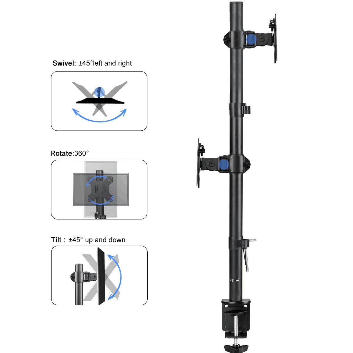 suptek Dual LED LCD Monitor Stand up Desk Mount for 2 / Two Screens up to 27 inch Extra Tall 31.5" Pole Heavy Duty Fully Adjustable Stand Vertical Array (MD6802)