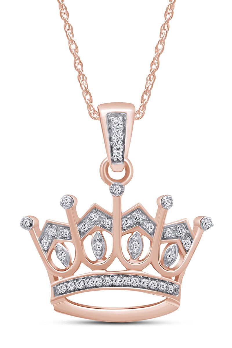 Jewel Zone US Natural Diamond Crown Pendant Necklace in 14K Rose Gold Over Sterling Silver