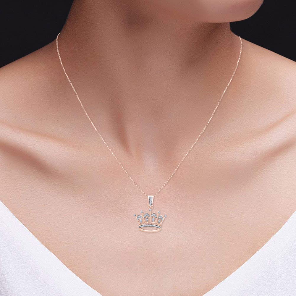 Jewel Zone US Natural Diamond Crown Pendant Necklace in 14K Rose Gold Over Sterling Silver