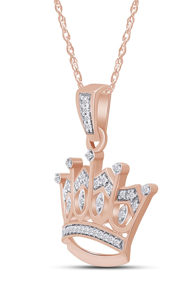 Jewel Zone US Natural Diamond Crown Pendant Necklace in 14K Rose Gold Over Sterling Silver