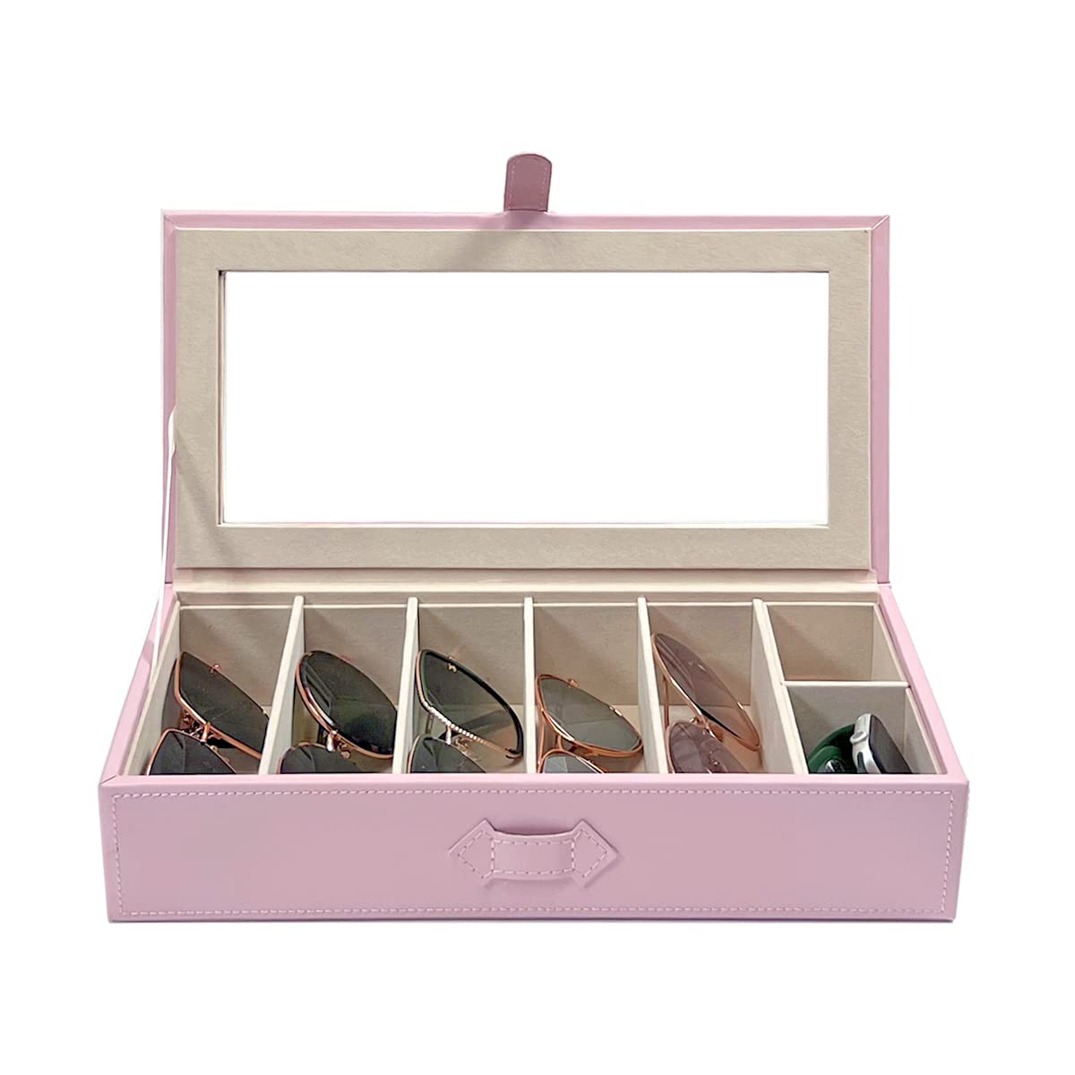 UnionPlus Sunglasses Case Organizer, Multiple Sunglasses Eyeglass Glasses Display Holder Collector, 5 Slots for Sunglasses Storage and 2 Small Slots for Accessories, Pink