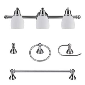 globe electric 51229 jayden 5-piece all-in-one bathroom set, satin nickel, 3-light vanity light with white opal glass shades, towel bar, toilet paper holder, towel ring, robe hook