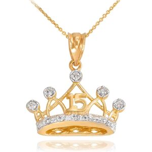 10k yellow gold white cubic zirconia 4/5" sweet 15 anos quinceanera crown pendant necklace - 16"