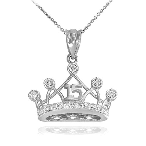 Sweet 15 Años Quinceanera Crown Pendant Necklace with Cubic Zirconia in 10k White Gold, 18"