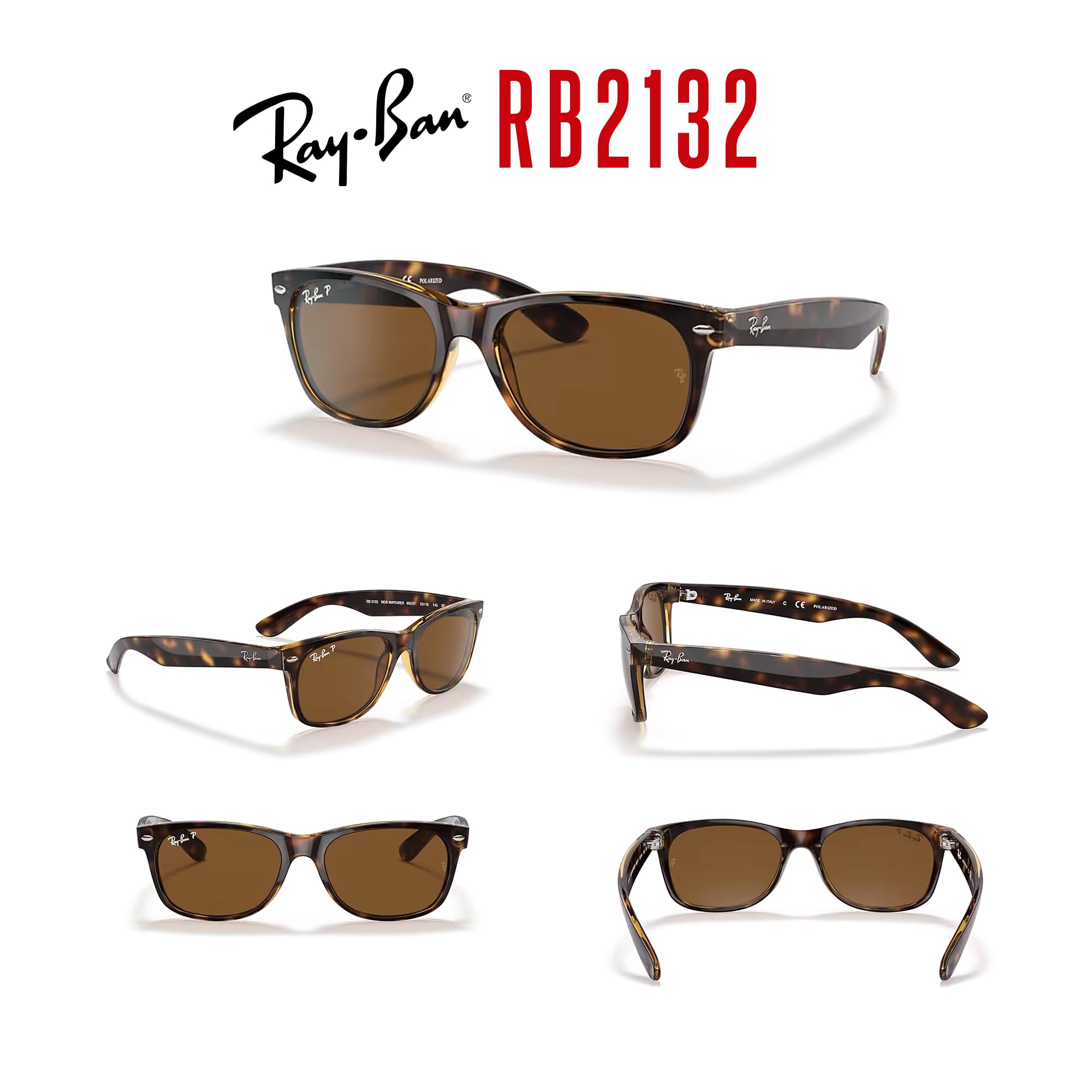 Ray-Ban RB2132 NEW WAYFARER Square Sunglasses for Men for Women + BUNDLE with Designer iWear Eyewear Kit (Tortoise/B-15 Brown Polarized)