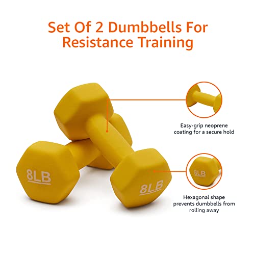 Amazon Basics Neoprene Coated Hexagon Workout Dumbbell Hand Weight, 8 pound, Set of 2, Yellow