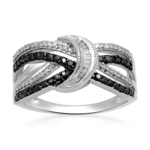 jewelili sterling silver 1/4 cttw treated black and natural white round baguette diamond knot ring, size 7