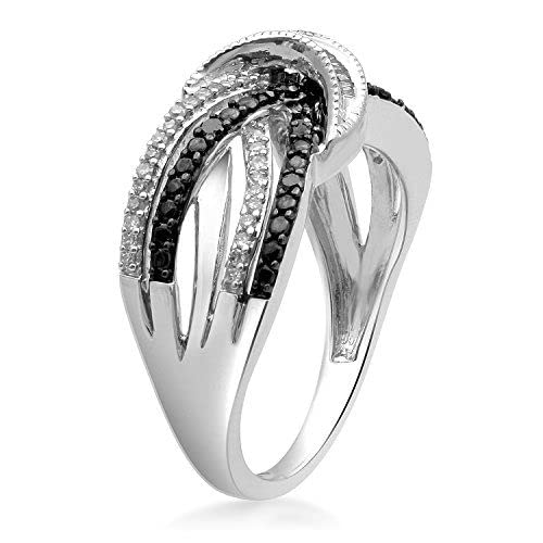 Jewelili Sterling Silver 1/4 Cttw Treated Black and Natural White Round Baguette Diamond Knot Ring, Size 7