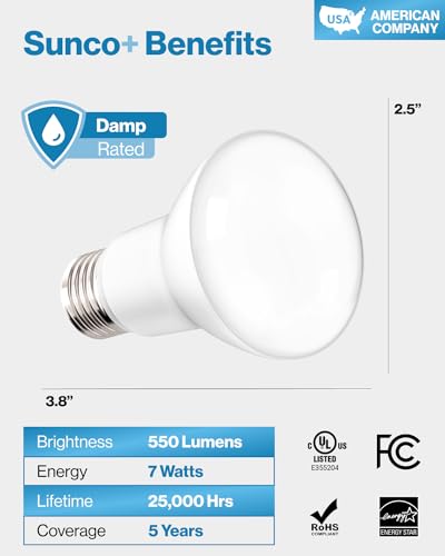 Sunco Lighting - 10 Pack BR20 LED Bulbs Indoor Flood Light R20 Dimmable CRI93 3000K Warm White 50W Equivalent to 7W, E26 Medium Base, Recessed Can Lights for Home Living Area Ceiling Lights - UL