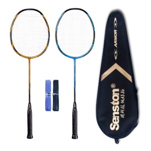 senston - 100% carbon fiber badminton racquets set - includes 1 badminton bag / 2 rackets / 2 grips (blue + yellow)