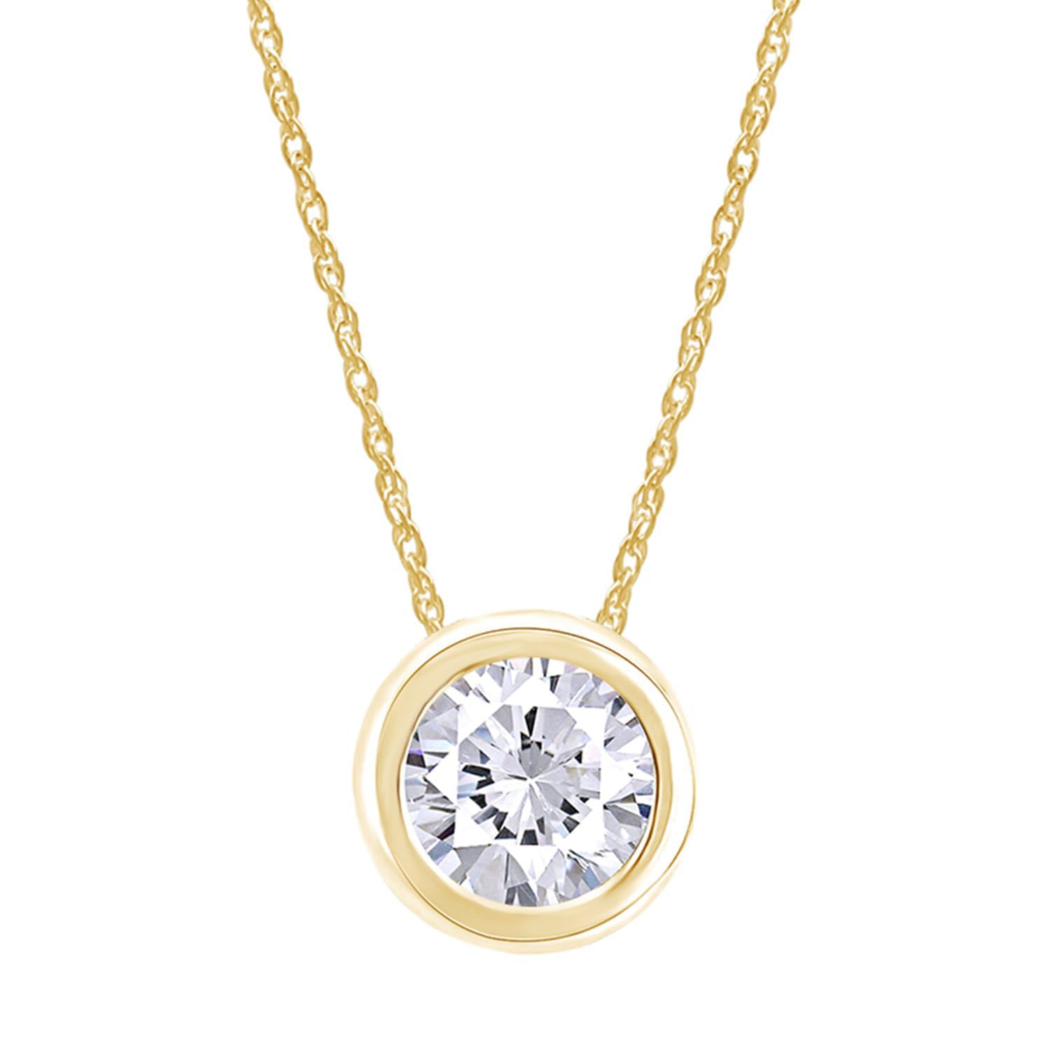 THE JEWEL ZONE 14K Solid Yellow Gold Pendant Necklace, Bezel Set 1 Carat Round Cut Cubic Zirconia Solitaire Pendant Necklace For Women With 18" Gold Chain necklace