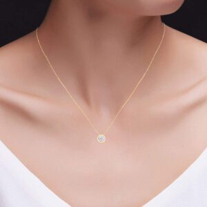 THE JEWEL ZONE 14K Solid Yellow Gold Pendant Necklace, Bezel Set 1 Carat Round Cut Cubic Zirconia Solitaire Pendant Necklace For Women With 18" Gold Chain necklace