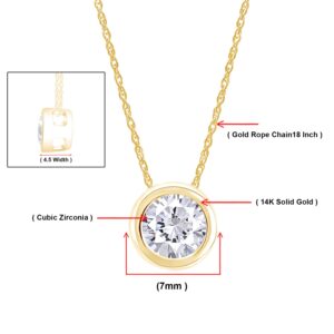 THE JEWEL ZONE 14K Solid Yellow Gold Pendant Necklace, Bezel Set 1 Carat Round Cut Cubic Zirconia Solitaire Pendant Necklace For Women With 18" Gold Chain necklace