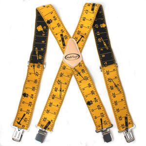 mens suspenders 2" wide adjustable and elastic braces x shape with very strong clips - heavy duty tape measure suspenders for men (rule)