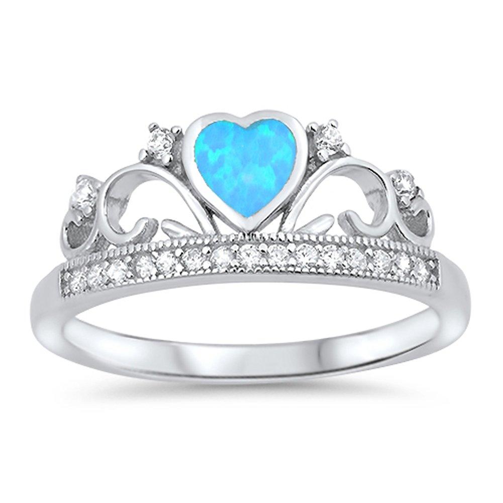 Blue Simulated Opal Heart Tiara Crown Promise Ring 925 Sterling Silver Band Size 6