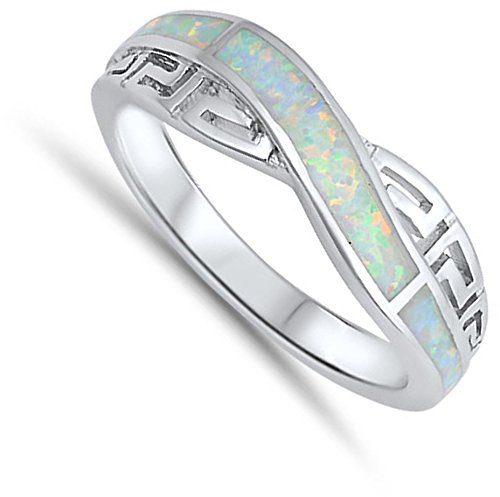 Infinity Knot Greek Key White Simulated Opal Ring .925 Sterling Silver Band Size 10