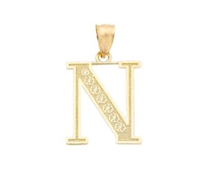 lovebling 10k yellow gold diamond cut a to z alphabet initial letter charm pendant (medium size) (n) (1.17")