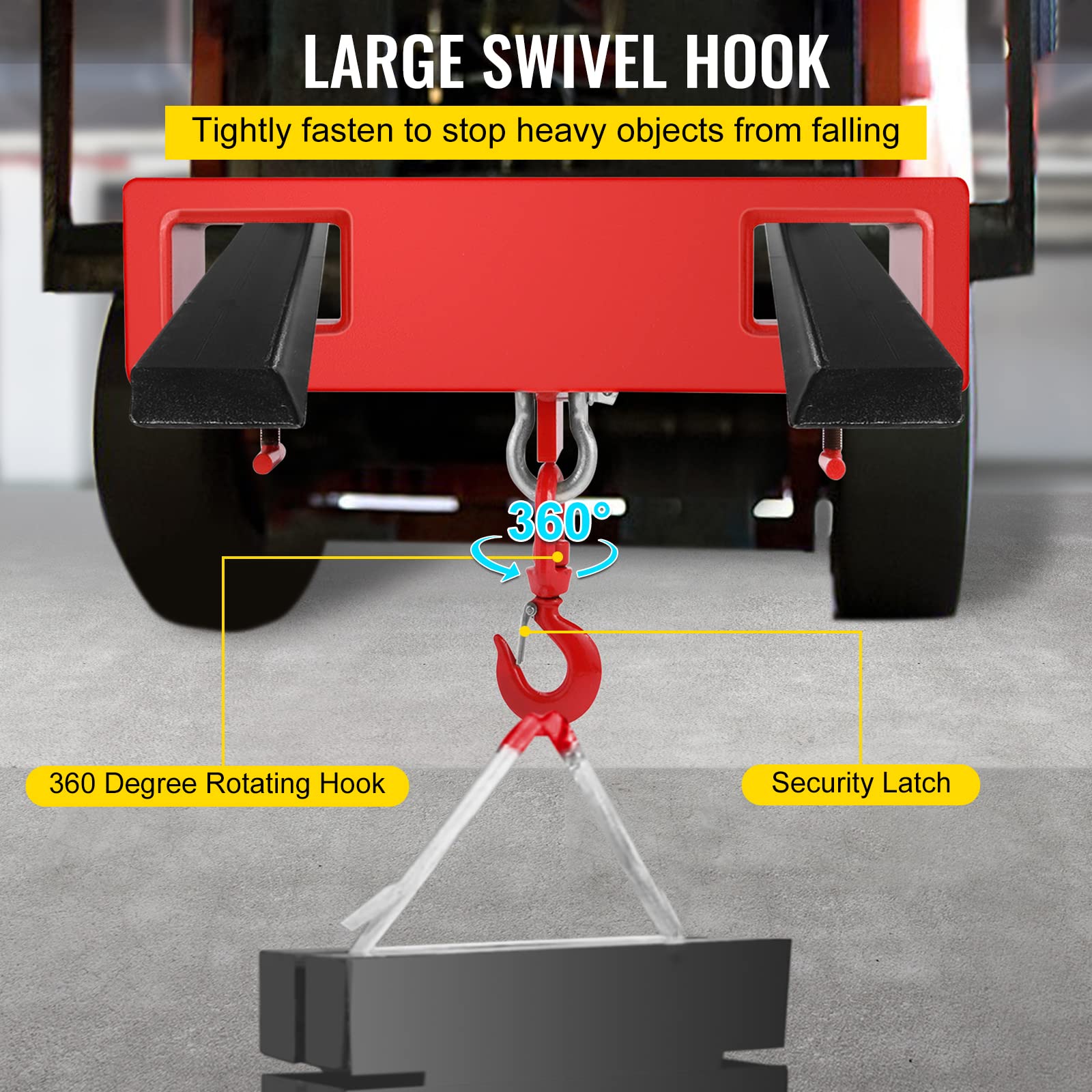 VEVOR Forklift Lifting Hook, 4400lbs Capacity Forklift Lifting Hoist, Red Forklift Mobile Crane with Swivel Hook and Two Large T-Screws, Hook Forklift Lifting Hoist, Fork Lifting Attachment