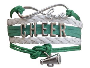 cheer charm bracelet- green infinity love adjustable cheerleading jewelry in team colors for cheerleader