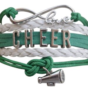 Cheer Charm Bracelet- Green Infinity Love Adjustable Cheerleading Jewelry in Team Colors for Cheerleader