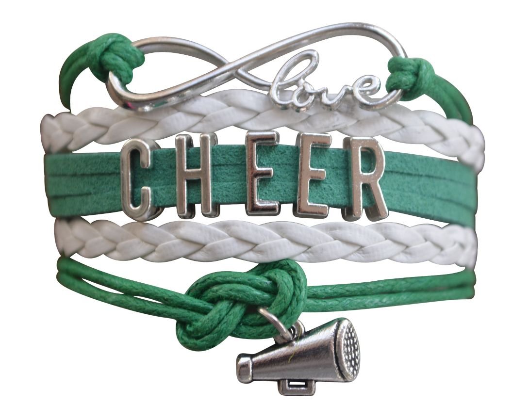 Cheer Charm Bracelet- Green Infinity Love Adjustable Cheerleading Jewelry in Team Colors for Cheerleader