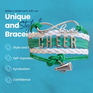 Cheer Charm Bracelet- Green Infinity Love Adjustable Cheerleading Jewelry in Team Colors for Cheerleader