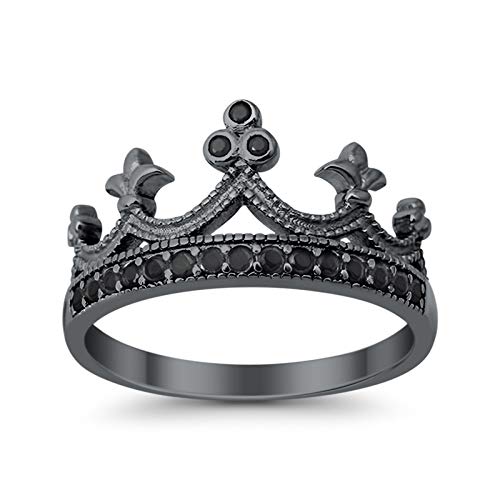 Accent Half Eternity King Queen Crown Ring Round Simulated Jet Black Cubic Zirconia Black Tone 925 Sterling Silver, Size - 8