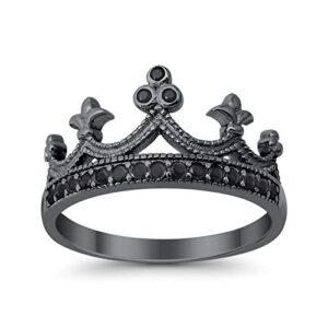 accent half eternity king queen crown ring round simulated jet black cubic zirconia black tone 925 sterling silver, size - 8