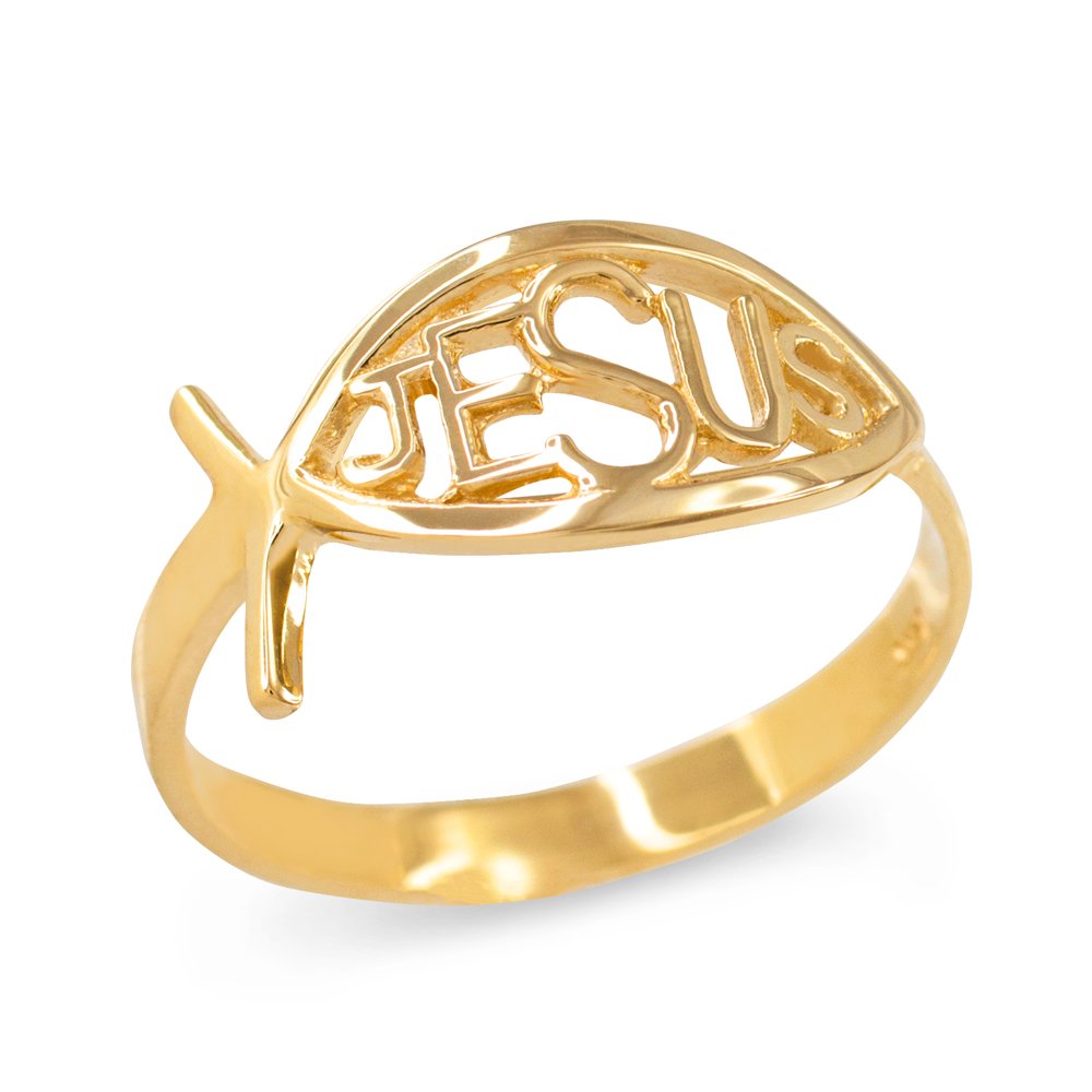 Modern Contemporary Rings Jesus Ichthus Christian Fish Ring in Fine 14k Yellow Gold (Size 9)