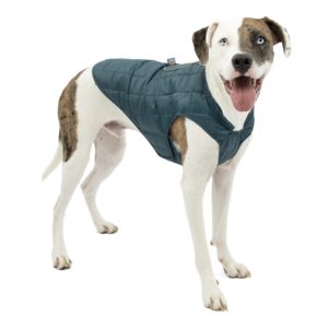 kurgo loft dog jacket, reversible dog coat, wear with harness or sweater, water resistant, reflective, winter coat for medium dogs (ink blue, m)