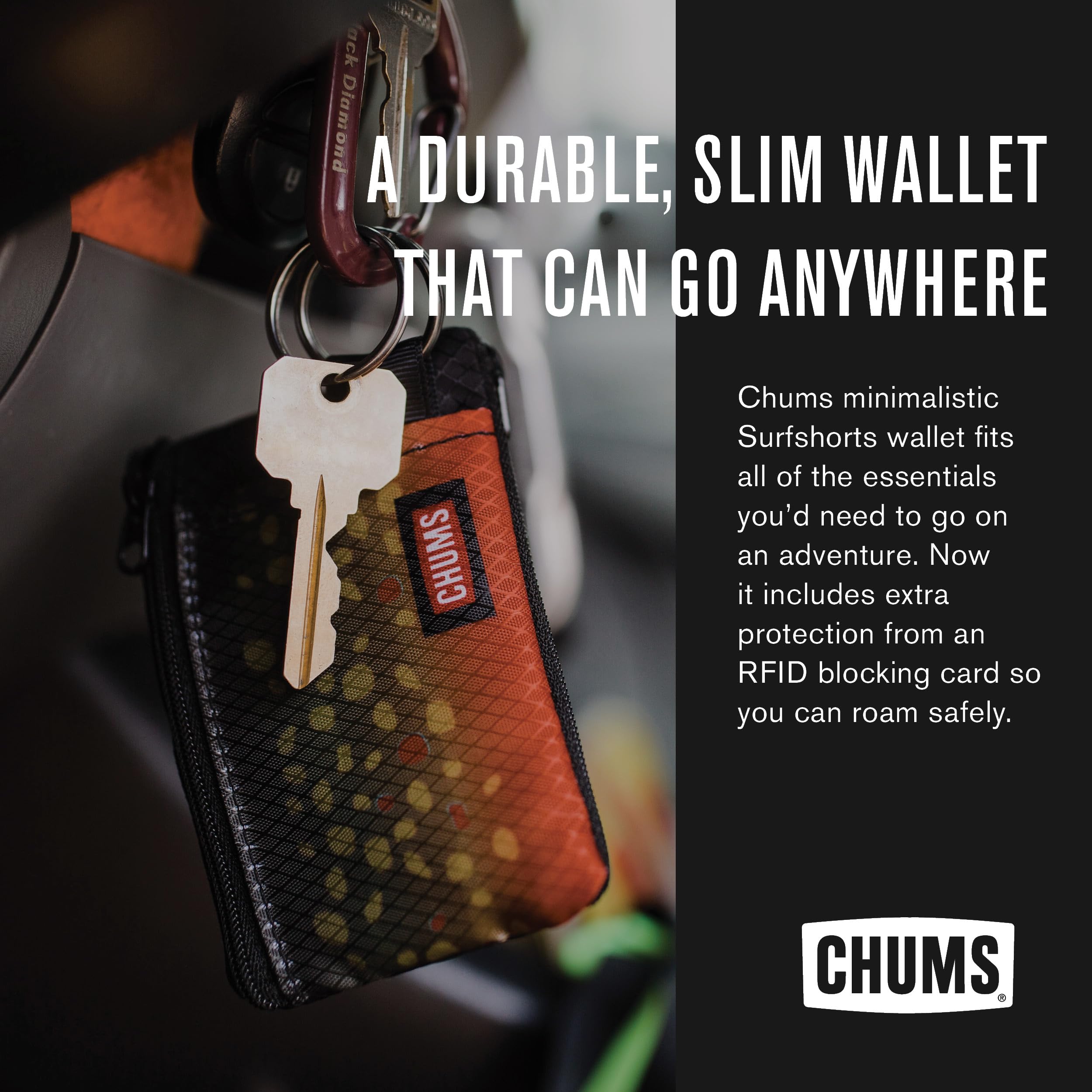 Chums Surfshorts Wallet - Lightweight Zippered Minimalist Wallet with Clear ID Window - Water Resistant with Key Ring (Black/Blue),One-size,18401127