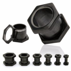 black titanium ip over 316l surgical steel hexagon wildklass screw fit tunnel (sold as a pair)