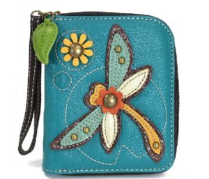 chala handbags- zip around wallet, wristlet, 8 credit card slots sturdy coin purse for women, dragonfly, small