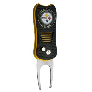 team golf nfl pittsburgh steelers retractable divot tool with double-sided magnetic ball marker, features patented single prong design, causes less damage to greens