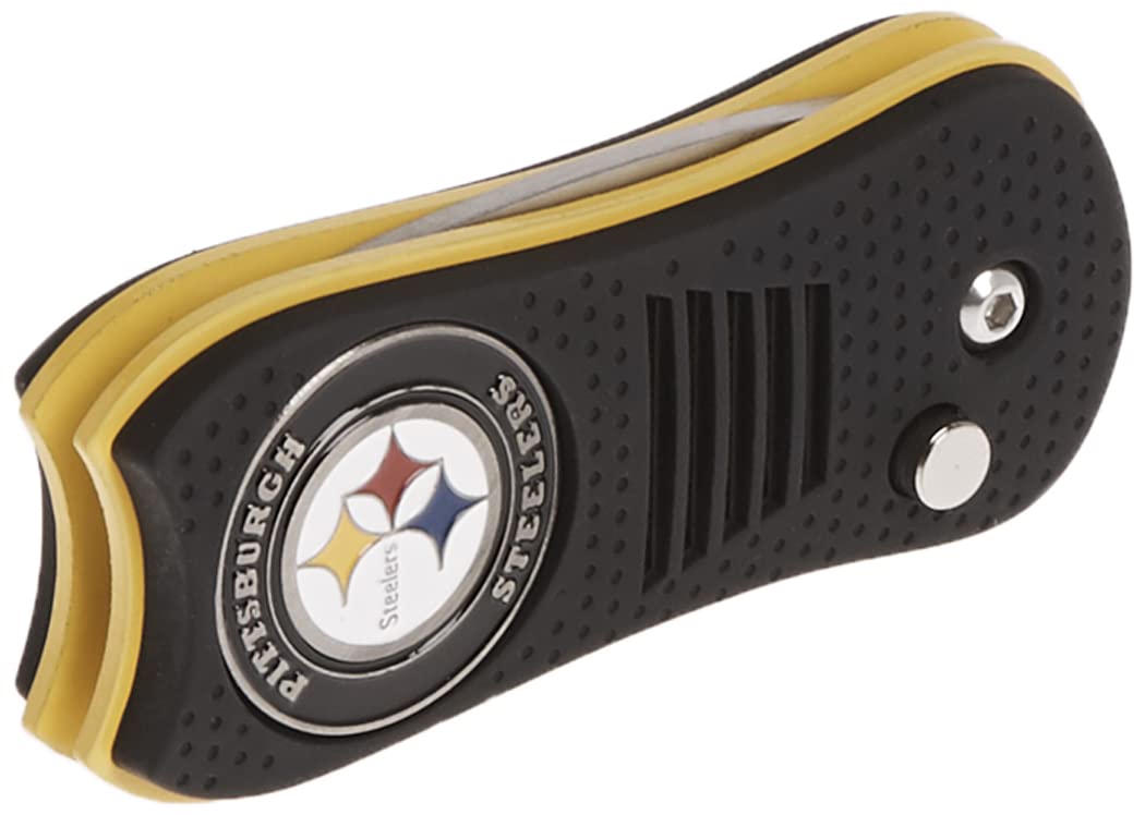 Team Golf NFL Pittsburgh Steelers Retractable Divot Tool with Double-Sided Magnetic Ball Marker, Features Patented Single Prong Design, Causes Less Damage to Greens