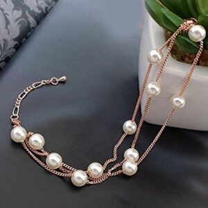 Crystalline Azuria Multi Strand Rose Gold Bracelet with Simulated White Pearls 18K Rose Gold Plated bracelet for Women