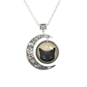 moon pendant black cat pendant necklace black cat necklace cute black cat jewelry fashion gift for woman