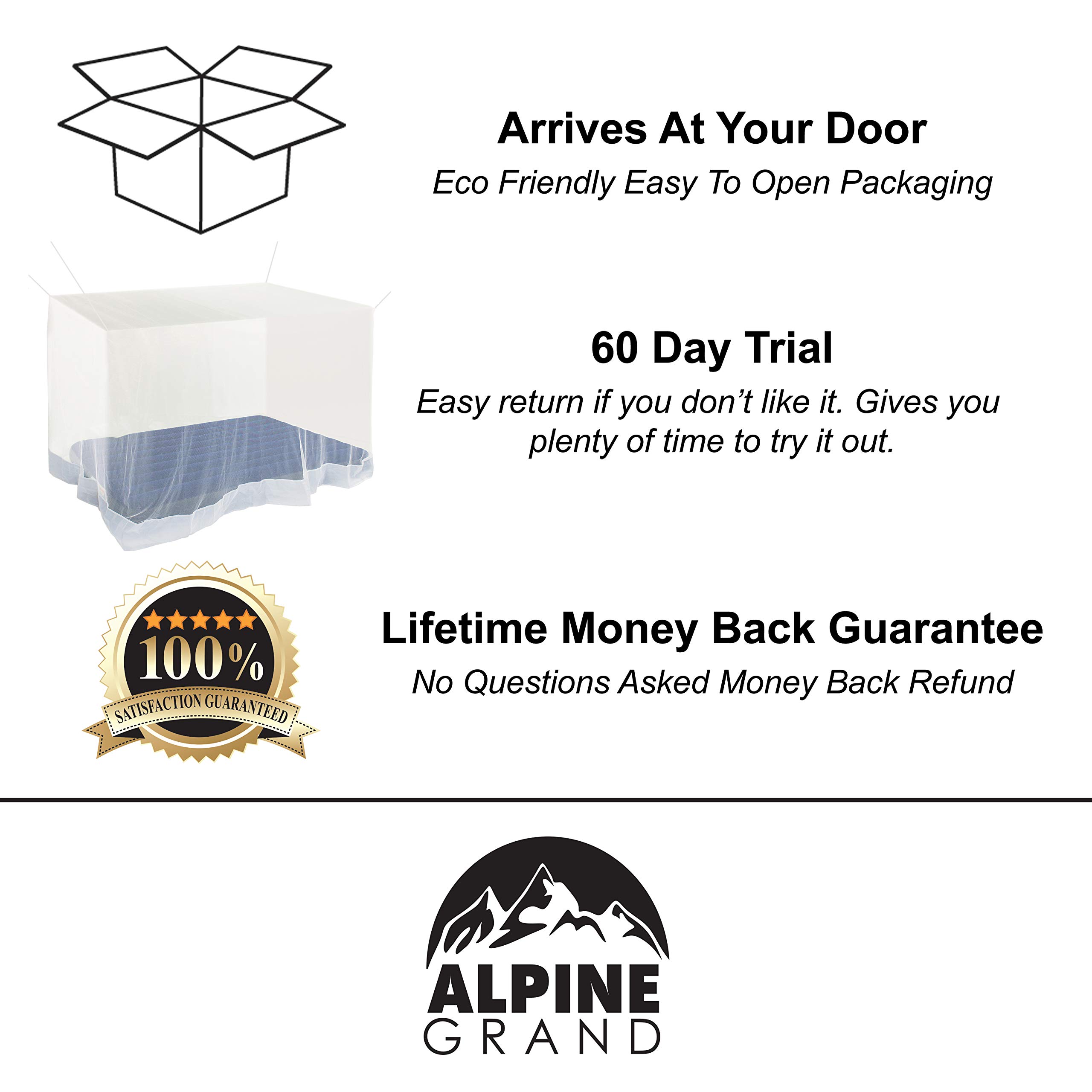 Premium Mosquito Net for Double Bed, crib, hammock or camping by Alpine Grand, Full hanging kit with extra-long strings and 8 hooks, Free Carry Bag