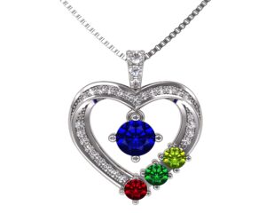 central diamond center mother & child heart birthstone necklace 1-6 stones w/ 22" adj. box chain -silver platinum plated