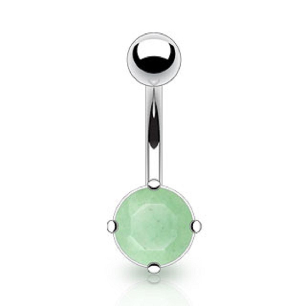 Pierced Owl 14GA 316L Surgical Steel Jade Semi Precious Stone Prong Set Belly Button Ring (Silver Tone)