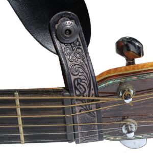 walker & williams at-2 black carving leather acoustic guitar strap button headstock adaptor for acoustic, electric, and bass guitars