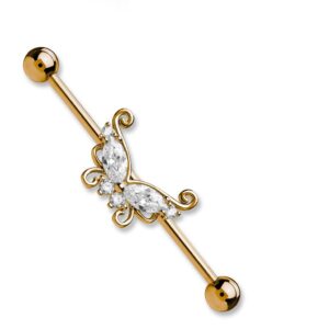 dynamique 14ga marquise and round cz butterfly 316l stainless steel industrial barbell (rose gold/clear)